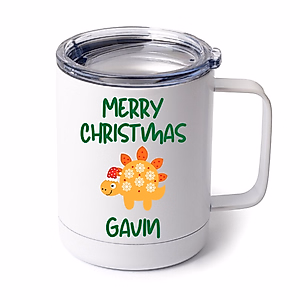 Kid's Christmas Dinosaur Hot Chocolate Mug/insulated with lid/custom Merry Christmas Dinosaur mug with name gift for son grandson nephew