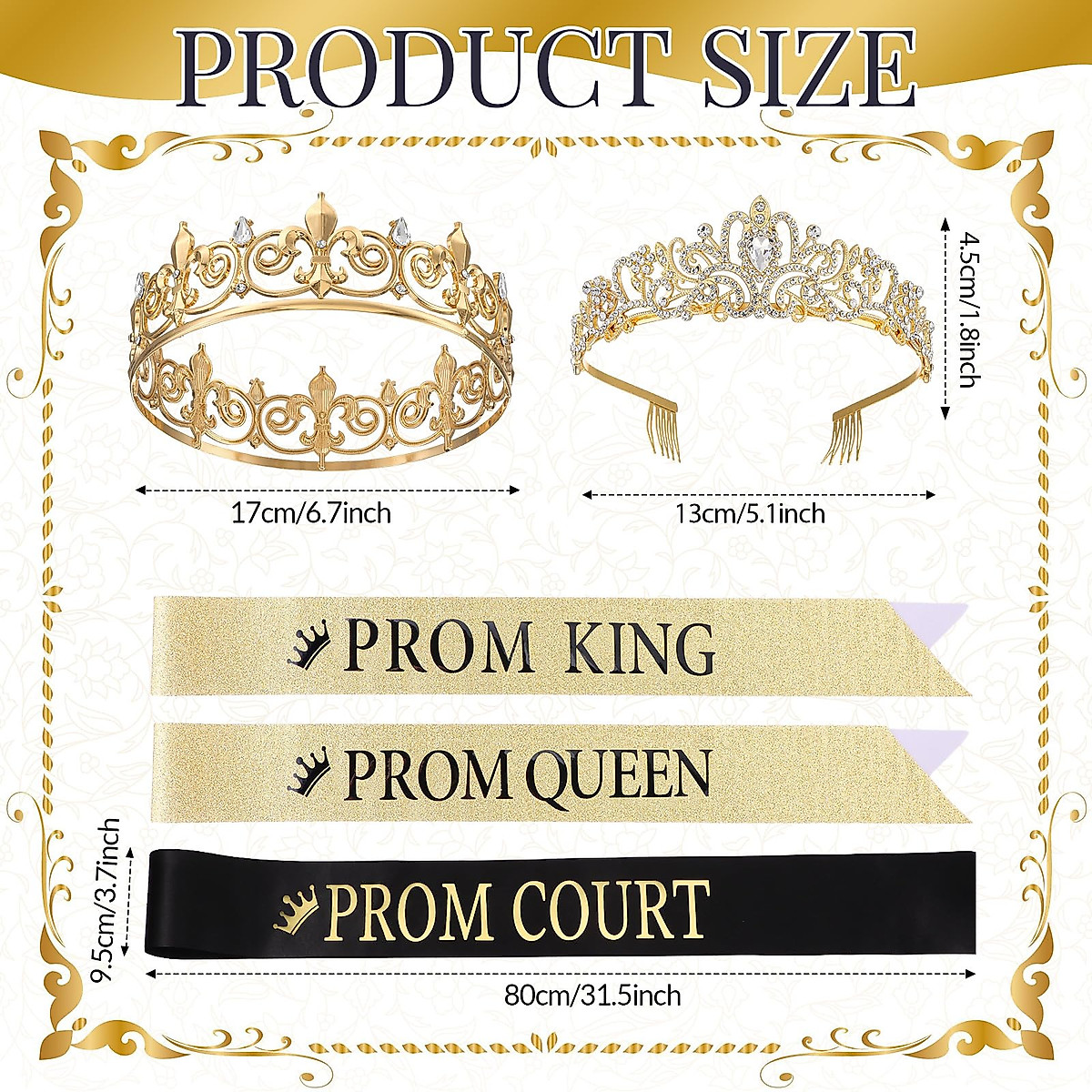 Saintrygo 12 Pcs Prom Crown and Sash Set, Prom King and Prom Queen Tiara Rhinestone Crown Glitter Sash Prom Court Royal Satin Sash for Graduation Prom Night Party Birthday Accessory (Gold,Stylish)