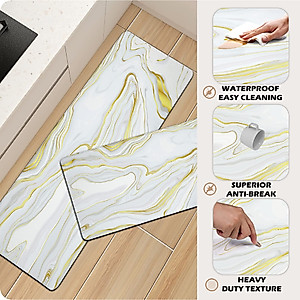 Gold and White Kitchen Rugs 2/5 Inch Thick Cushioned Anti Fatigue Marble Kitchen Mats 2 PCS Waterproof Non-Slip PVC Runner Rug Comfort Floor Mat for Kitchen Sink Laundry,17.3''x 28''+17.3'' x 47''
