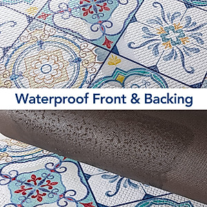 QUILTINA Kitchen Mats Cushioned Anti-Fatigue (2 PCS), Waterproof Non-Slip & Stain Resistant Kitchen Rug, 0.47'' Thick PVC Ergonomic Comfort Foam Rugs for Floor Home, Blue Flower Tile Pattern