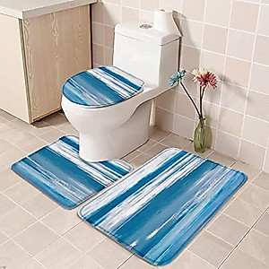 Fashion 3 Piece Bath Rugs Set Abstract Blue and Gray Art Textured Non Slip Ultra Soft Bathroom Accessories Mats, U Shape Mat and Toilet Lid Cover Mat Bath Mats