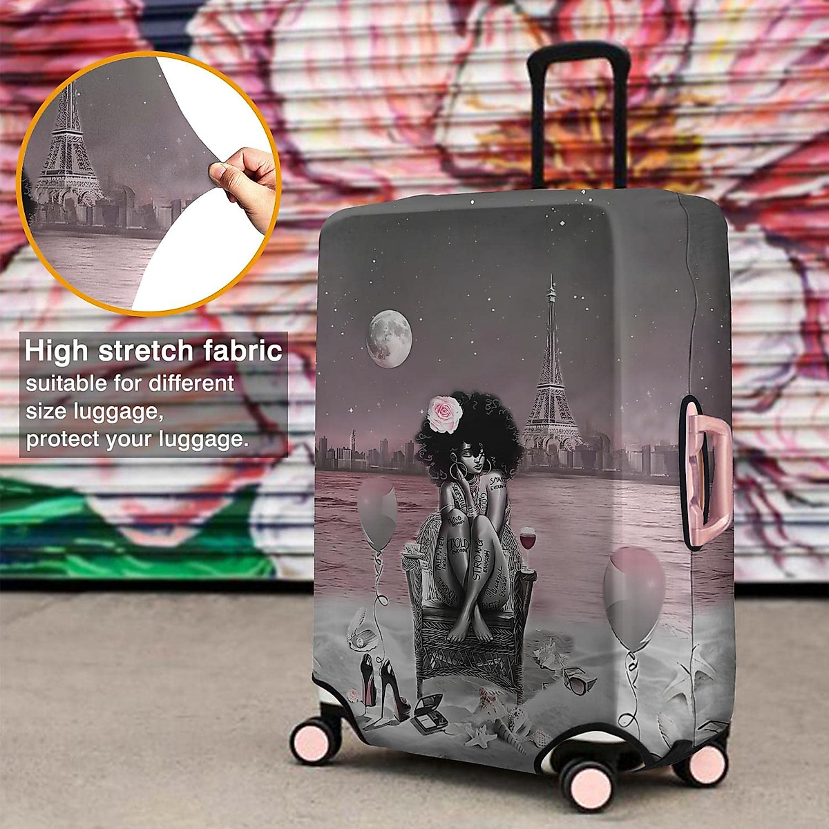 Xidingyue African American Black Girl Luggage Protective Cover Pink and Black Beach Paris Eiffel Tower Suitcase Cover Fit 22-24 Inch Luggage