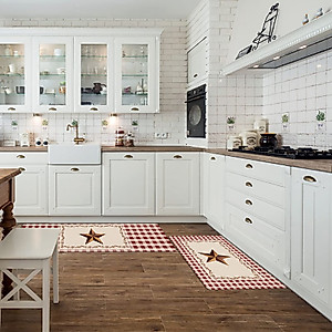 Libaoge Kitchen Mat Rug Set of 2 Rustic Barn Texas Western Star Red Buffalo Plaid Runner Rug Anti-Fatigue Comfort Memory Foam Standing Mat Non-Slip Floor Door Mat for Bathroom Bedroom 20x32in+20x47in