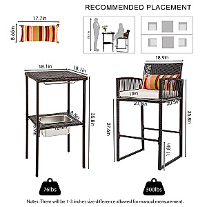 Sundale Outdoor 3 Pieces Wicker Bar Furniture Set for 2, Patio Stools and Bar Set with Glass Holder & Ice Bucket, Counter and 2 Pub Stools, High Top Bistro Dining Set, Brown Rattan and Beige Cushions