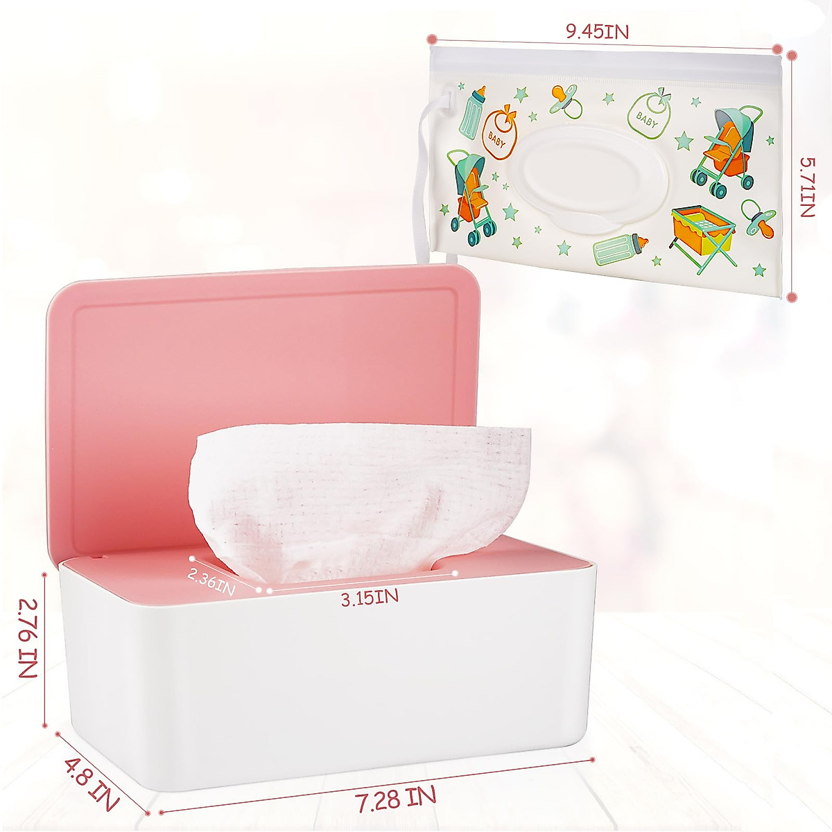 Whiidoom Diaper Wipes Dispenser Wipes Holder, Wipes Tissue Case Keeps Wipes Fresh Tissue Wipes Container with Lid (Pink)