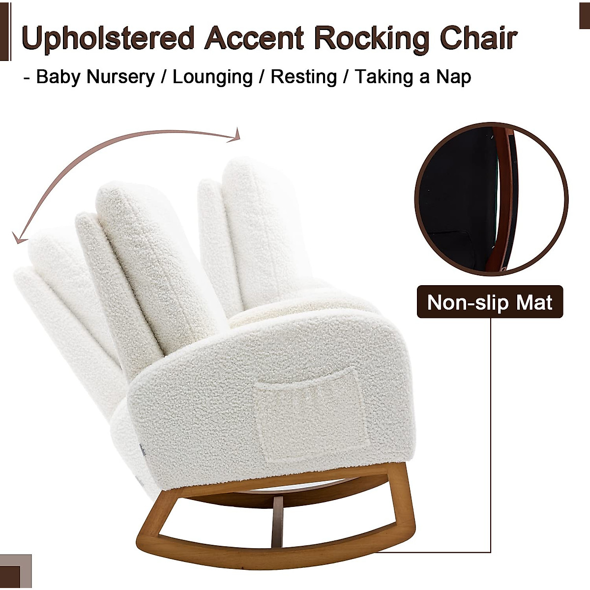 Antetek Modern Accent Rocking Chair, Upholstered Nursery Glider Rocker for Baby and Kids, Comfy Armchair with Side Pocket, Living Room Lounge Arm Chair with High Backrest (White)
