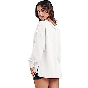 ANRABESS Women’s Casual Long Sleeve Sweatshirt V Neck Off Shoulder Shirt Loose Baggy Comfy Knit Pullover Sweaters Tunic Top 2023 Fall Clothes A1069baise-XL White