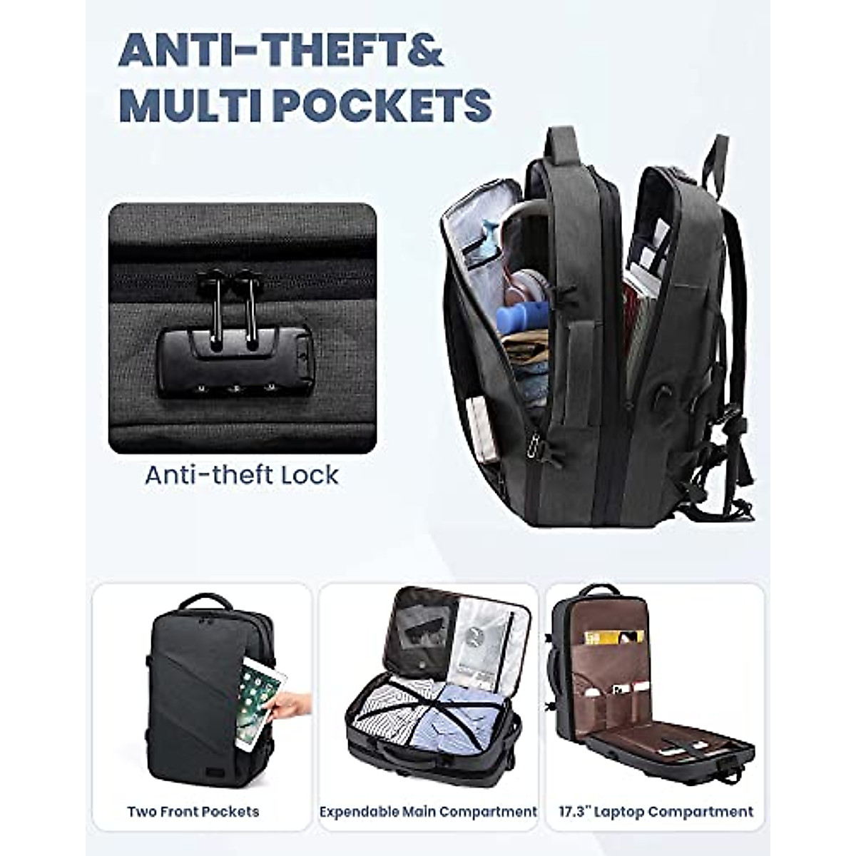 LOVEVOOK Travel Backpack, 30-40L Expandable Extra Large Backpack with Lock, Carry on Backpack 17 Inch with USB Port, Anti-Theft Water Resistant Business Backpack for Men Women, Dark Grey