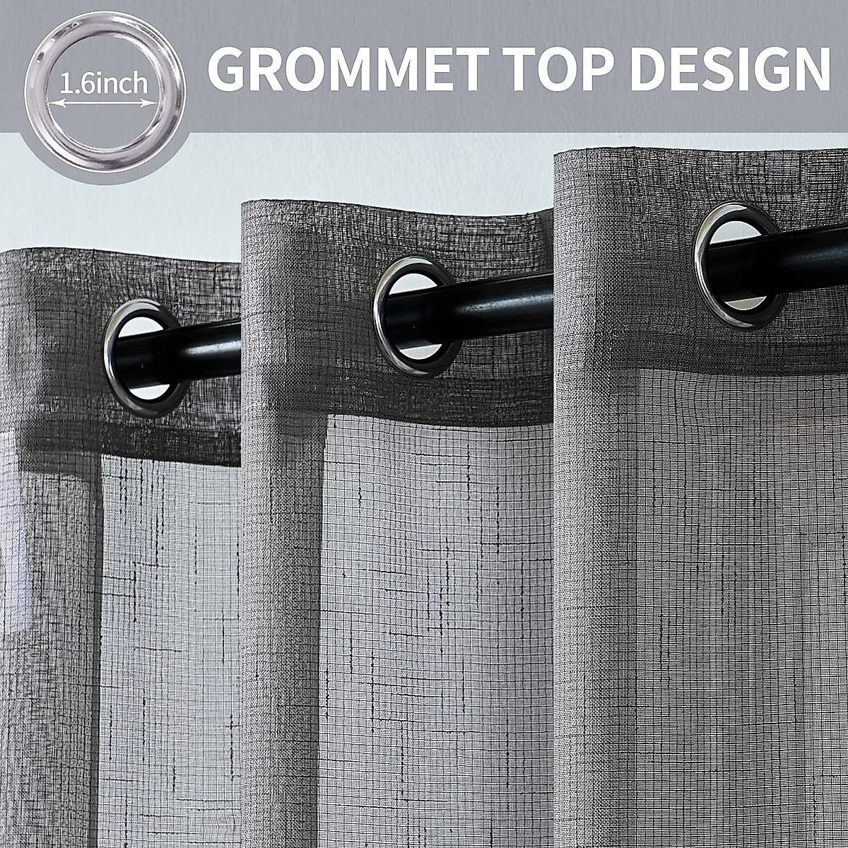 MIULEE 2 Panels Natural Linen Semi Sheer Window Curtains Elegant Solid Dark Grey Drapes Grommet Top Window Voile Panels Linen Textured Panels for Bedroom Living Room (52X96 Inch)