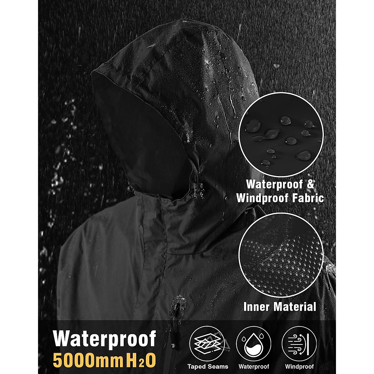 TBMPOY Men's Lightweight Rain Jackets Waterproof Hooded Running Cycling Hiking Raincoat Outdoor Windbreaker Black XXL