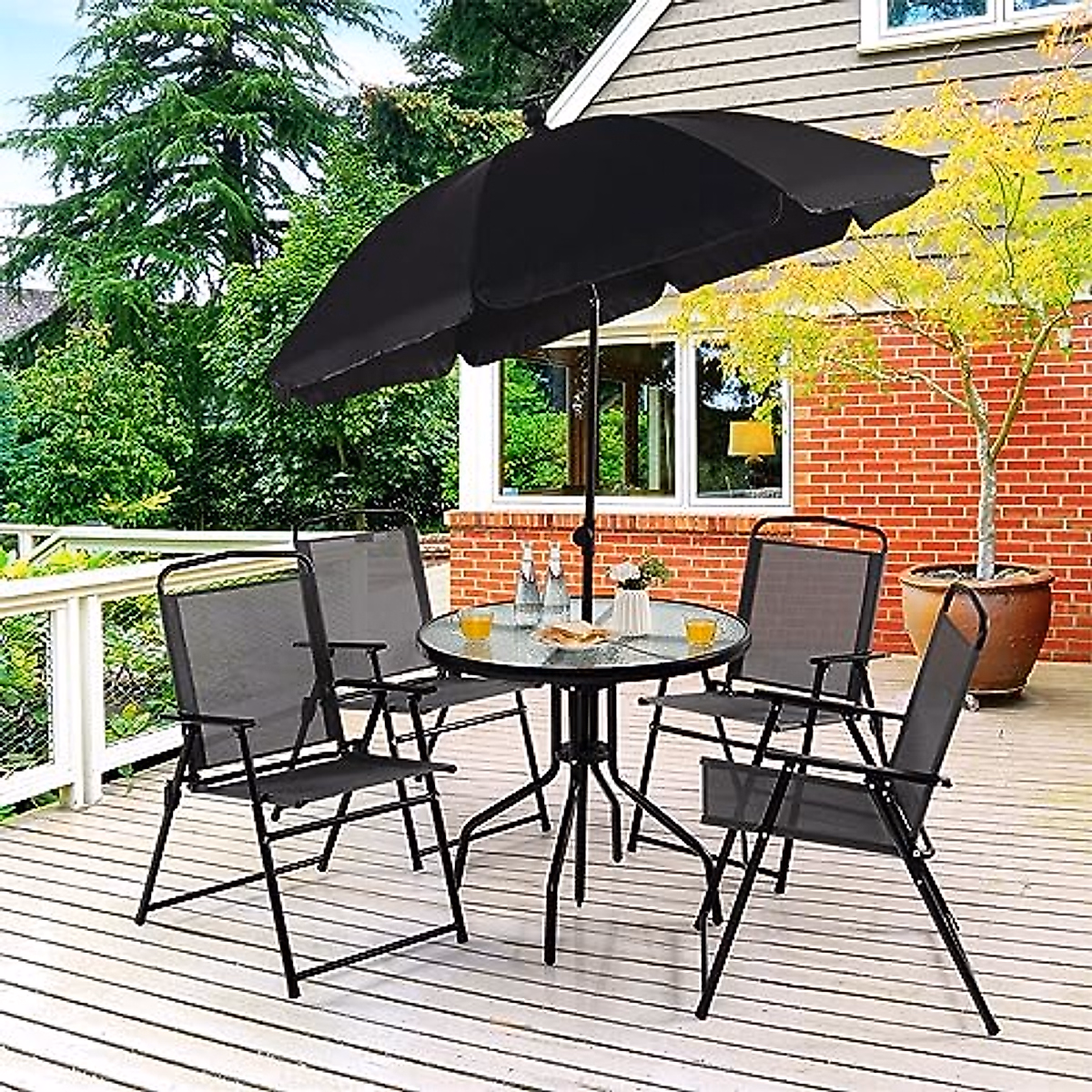 KUJYBG 6 PCS Patio Dining Set Folding Chairs Glass Table Tilt Umbrella Garden