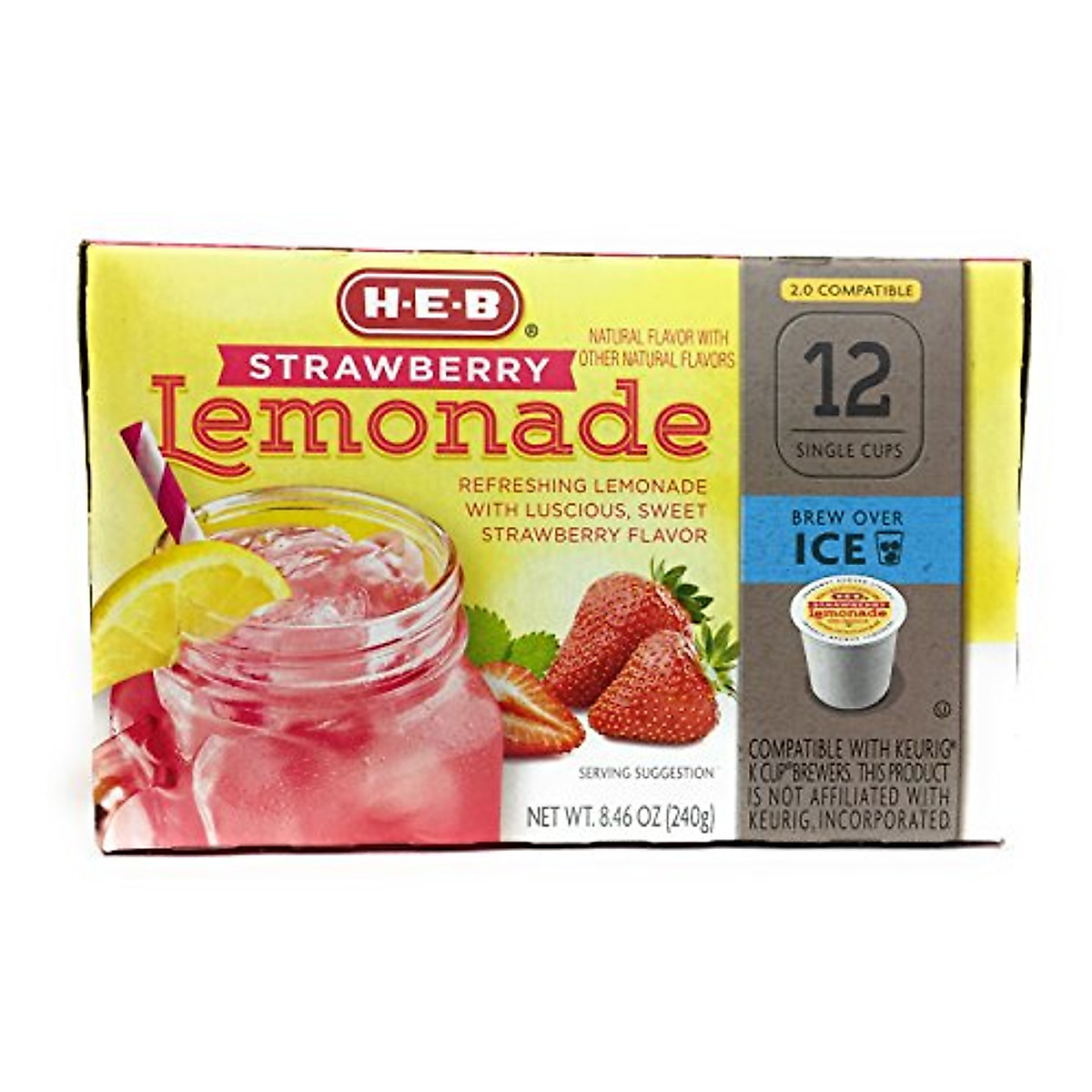 HEB Brew Over Ice, Strawberry Lemonade Single Serve Cups compatible with Keurig 2.0, 12 cts