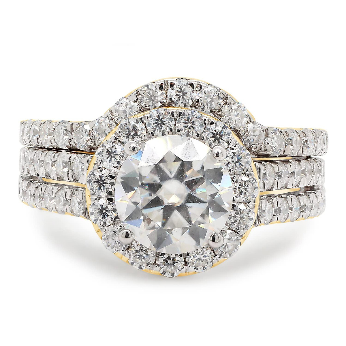 SAVEARTH DIAMONDS Halo Ring, 2 1/2 Cttw Center 6.5MM Round Lab Created Moissanite Diamond With Accents Bridal Set Ring In 14k Yellow Gold Over Sterling Silver (VVS1 Clarity, 2.50Cttw)-6