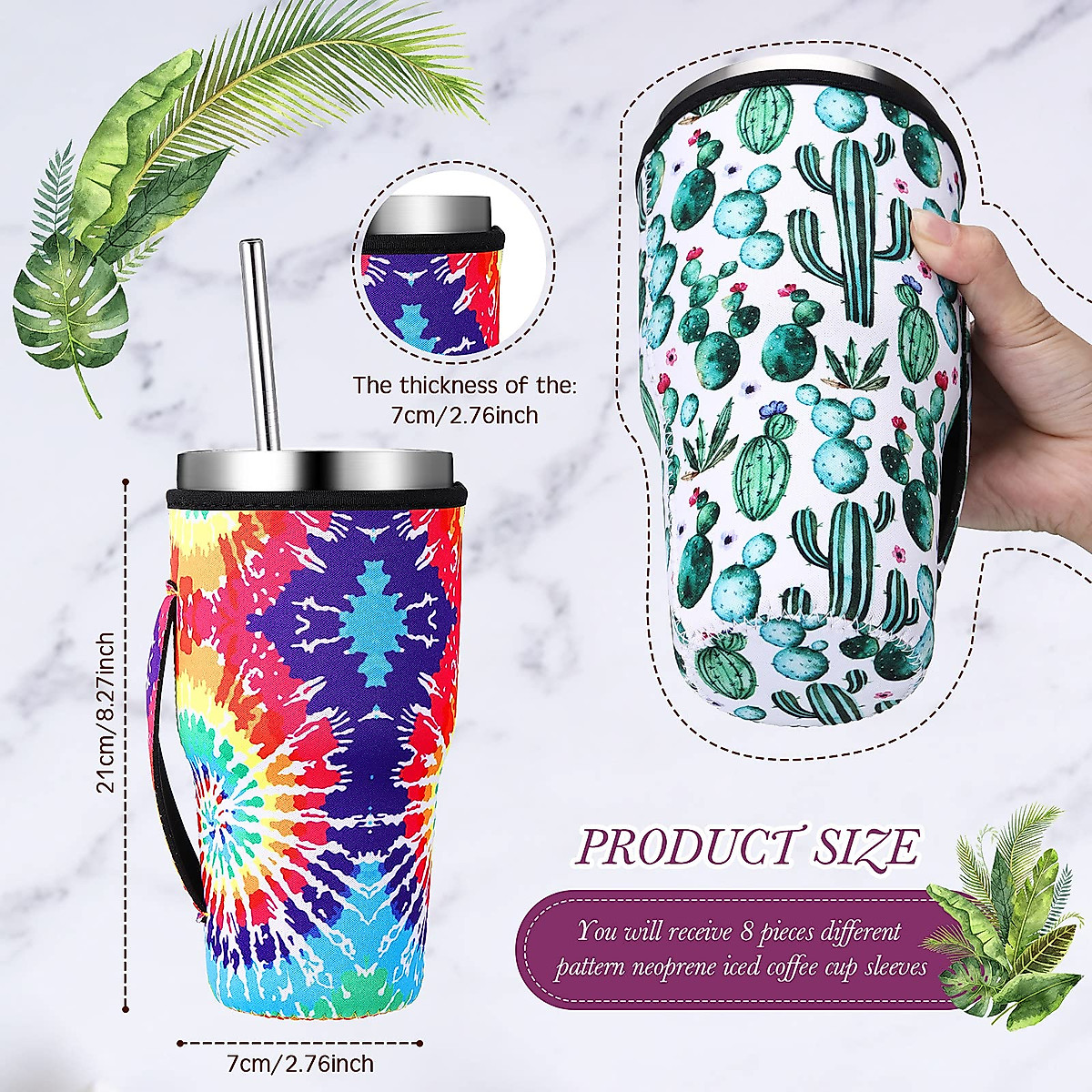 Patelai 8 Pieces 30oz Reusable Neoprene Iced Coffee Cup Sleeve Neoprene Insulated Sleeves Cup Cover Holder, Large Tumbler Cup