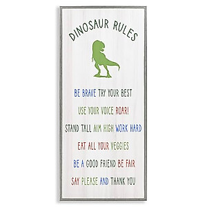 Stupell Industries Dinosaur Rules Listed Kids T-Rex Green Reptile, Designed by Daphne Polselli Gray Framed Wall Art, 10x24, Multicolor
