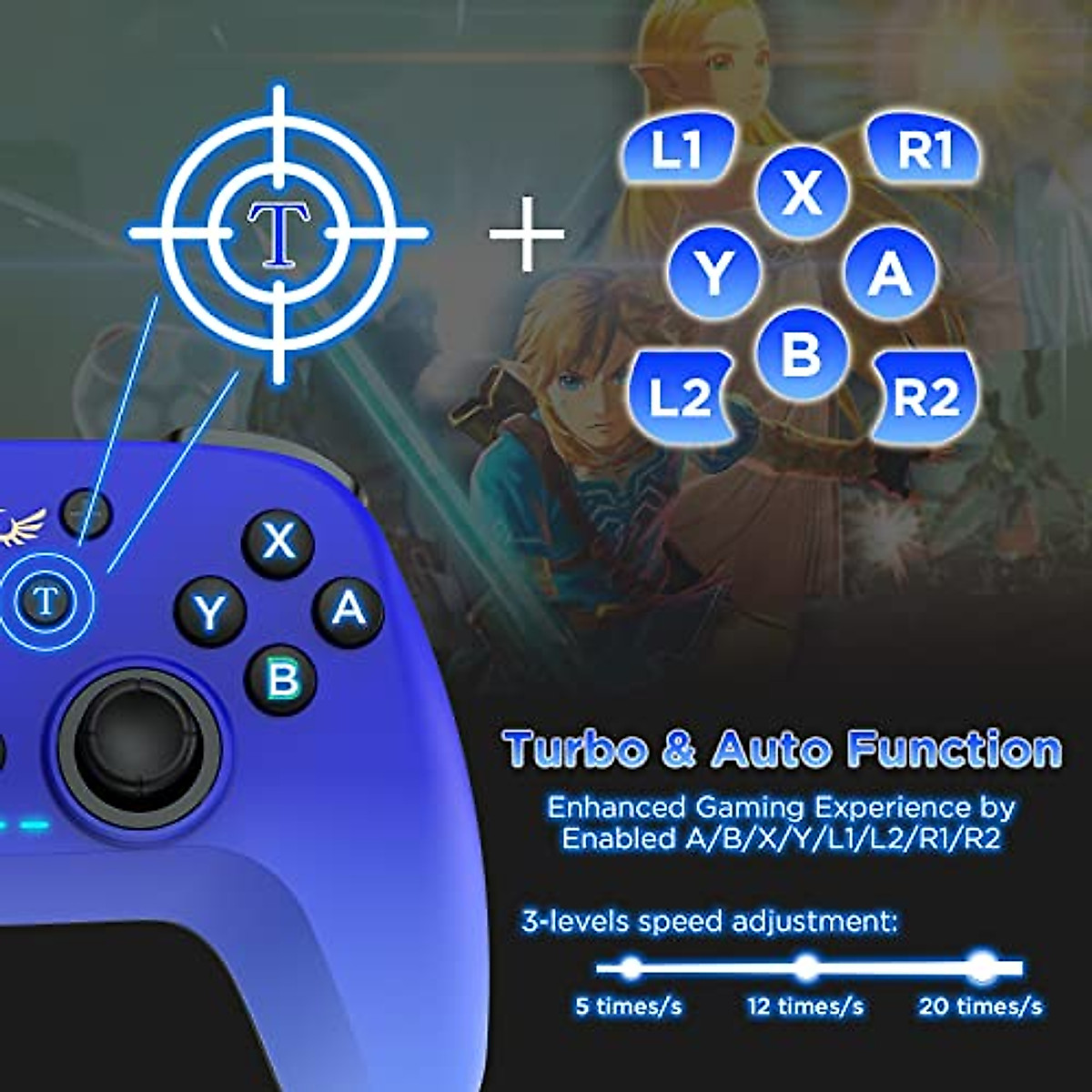 Wireless Pro Controller for Nintendo Switch/Switch OLED/Switch Lite, Switch Controller, Wireless Gamepad for the Zelda ,Turbo & Auto Function, Back Mapping ,Rechargeable 650mAh Battery, Long Playing Time (Blue)