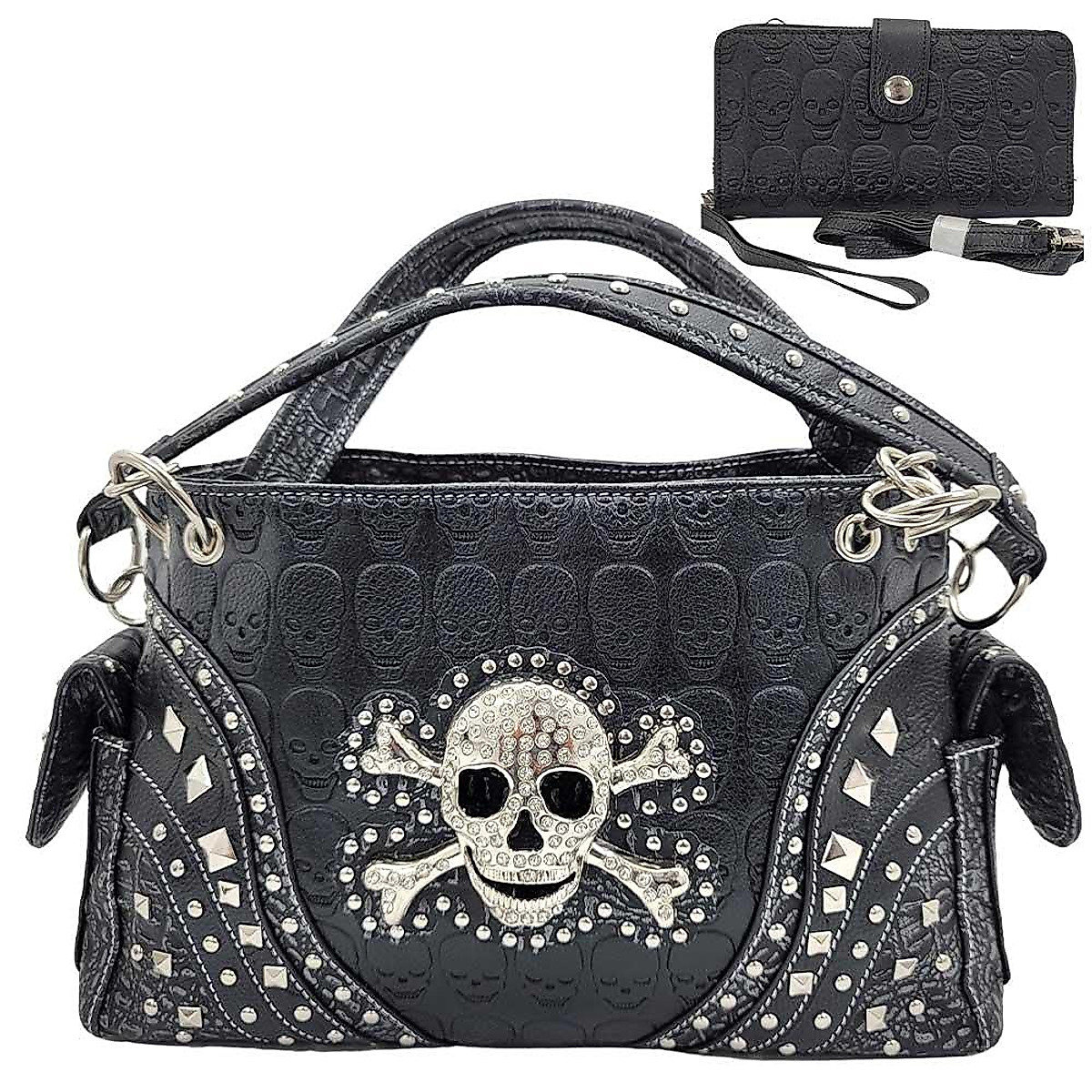 R2N fashions Rhinestone Skull Western Concealed Carry Handbag and wallet set (Black embossed)