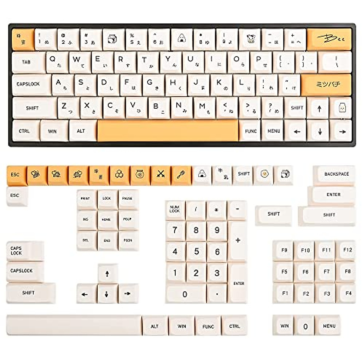 GTSP XDA Honey Milk Keycaps PBT Japanese Bee keycap 140-Key Set for Cherry MX Covers Fullsize 60% 65% 75% Keyboard（XDA/Honey Milk）
