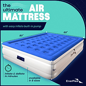 EnerPlex Queen Air Mattress with Built-in Pump - 16 Inch Double Height Inflatable Mattress for Camping, Home & Portable Travel - Durable Blow Up Bed with Dual Pump - Easy to Inflate/Quick Set Up﻿