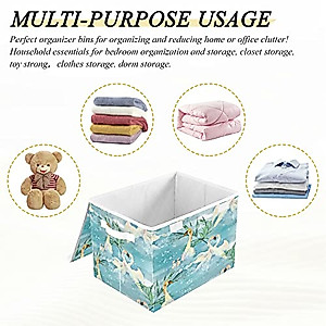 Kigai Storage Basket White Swan Watercolor Storage Boxes with Lids and Handle, Large Storage Cube Bin Collapsible for Shelves Closet Bedroom Living Room, 16.5x12.6x11.8 In