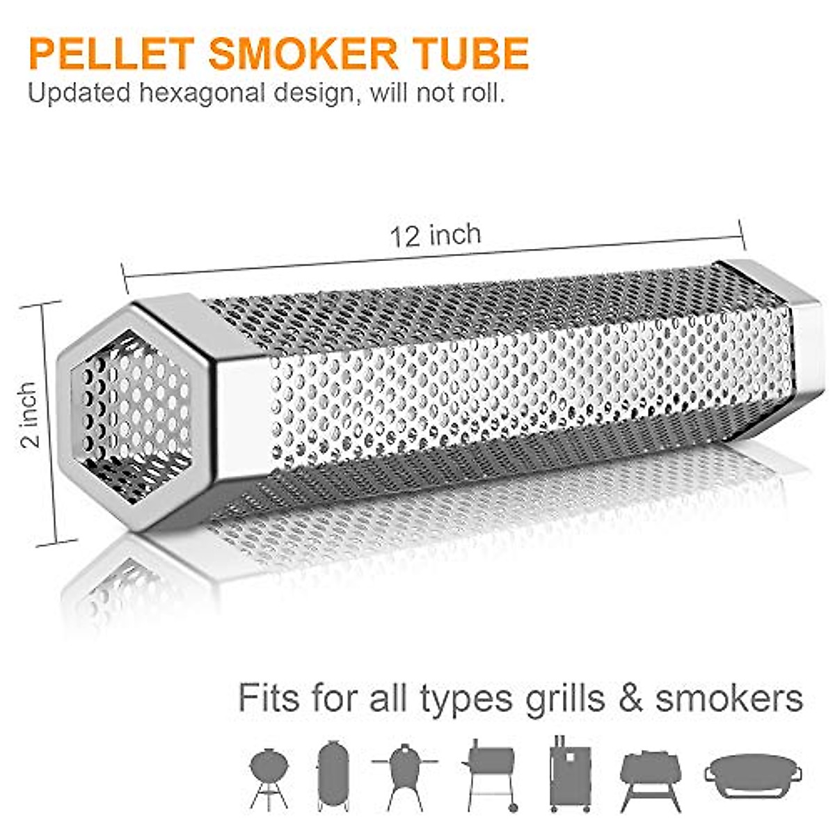 Premium Pellet Smoker Tube for All Grill Electric Gas Charcoal or Smokers- 5 Hours of Billowing Smoke - Cold or Hot Smoking- Ideal for Smoking Cheese Nuts Steaks Fish Pork Beef - 12" Stainless Steel