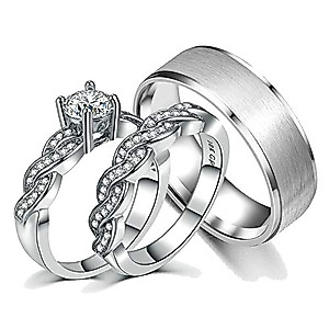 AHLOE JEWELRY CEJUG Wedding Ring Sets for Him and Her Women Men Titanium Stainless Steel Bands 18k White Gold 1.5Ct Cz Couple Rings Size 11&7
