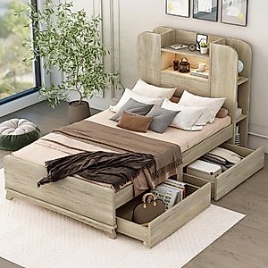 HoRunzelin Twin Size Platform Bed with Storage Bookcase Headboard,2 Drawers and LED Light,Wooden Bed Frame with Bookshelf Shelves for Kids Boys Girls, Natural