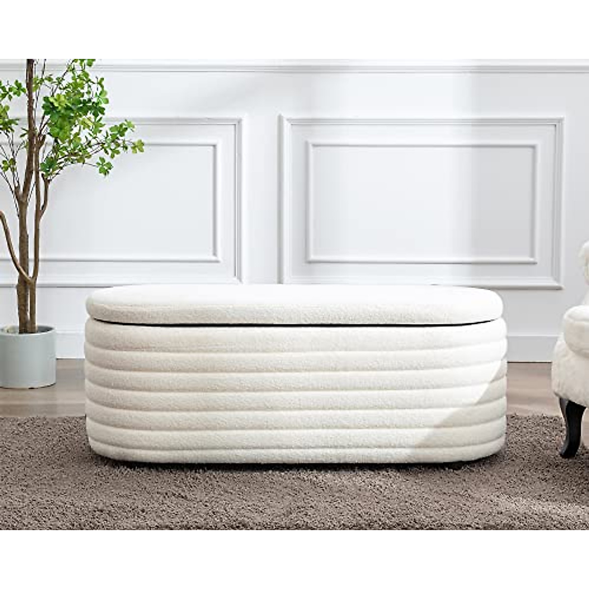 DM Furniture DM-Furniture Storage Ottoman Bench Upholstered Fabric Storage Bench End of Bed Stool with Safety Hinge for Bedroom, Living Room, Entryway (44.5-inch, White) (TN2436)