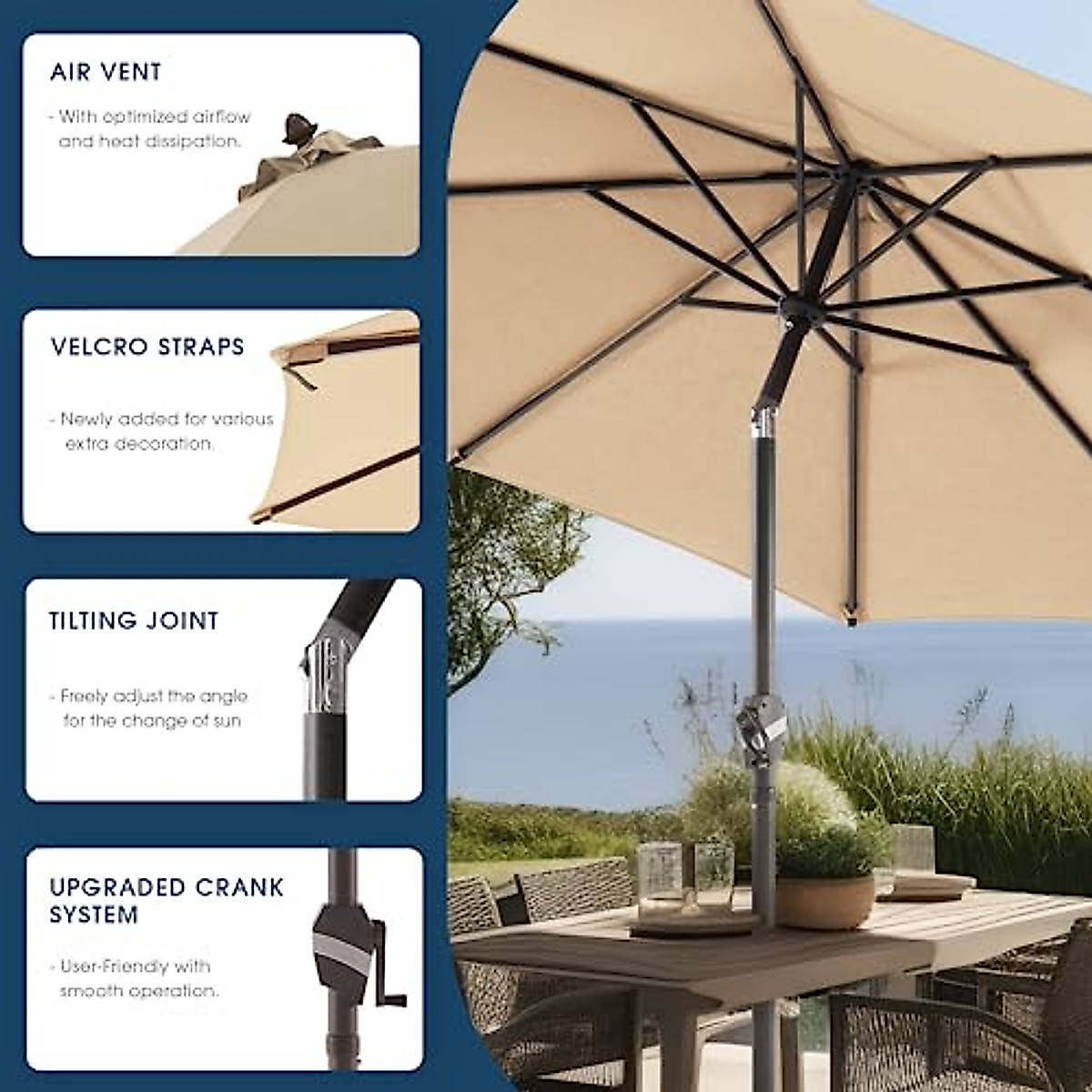 BLUU Pro 11 FT Outdoor Patio Umbrella with COVER, 5-YEAR Fade-Resistant Aluminum Outdoor Market Table Umbrella with Push Button Tilt, for Pool, Deck, Garden and Lawn (Beige)