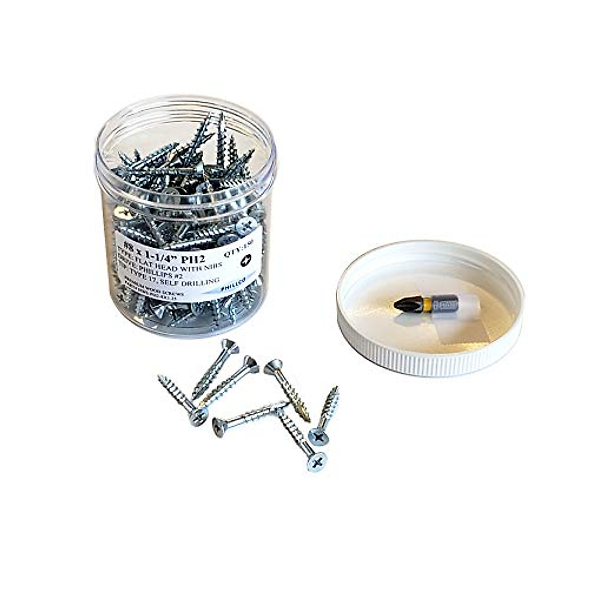 Premium Wood Screws, 8 x 1-1/4" with #2 Phillips Flat Head, self-Drilling Type 17 Point, Sharp coarse Threads, Countersink nibs, Storage jar with Screw-on lid, and PH2 Drive bit (1-1/4 inch)