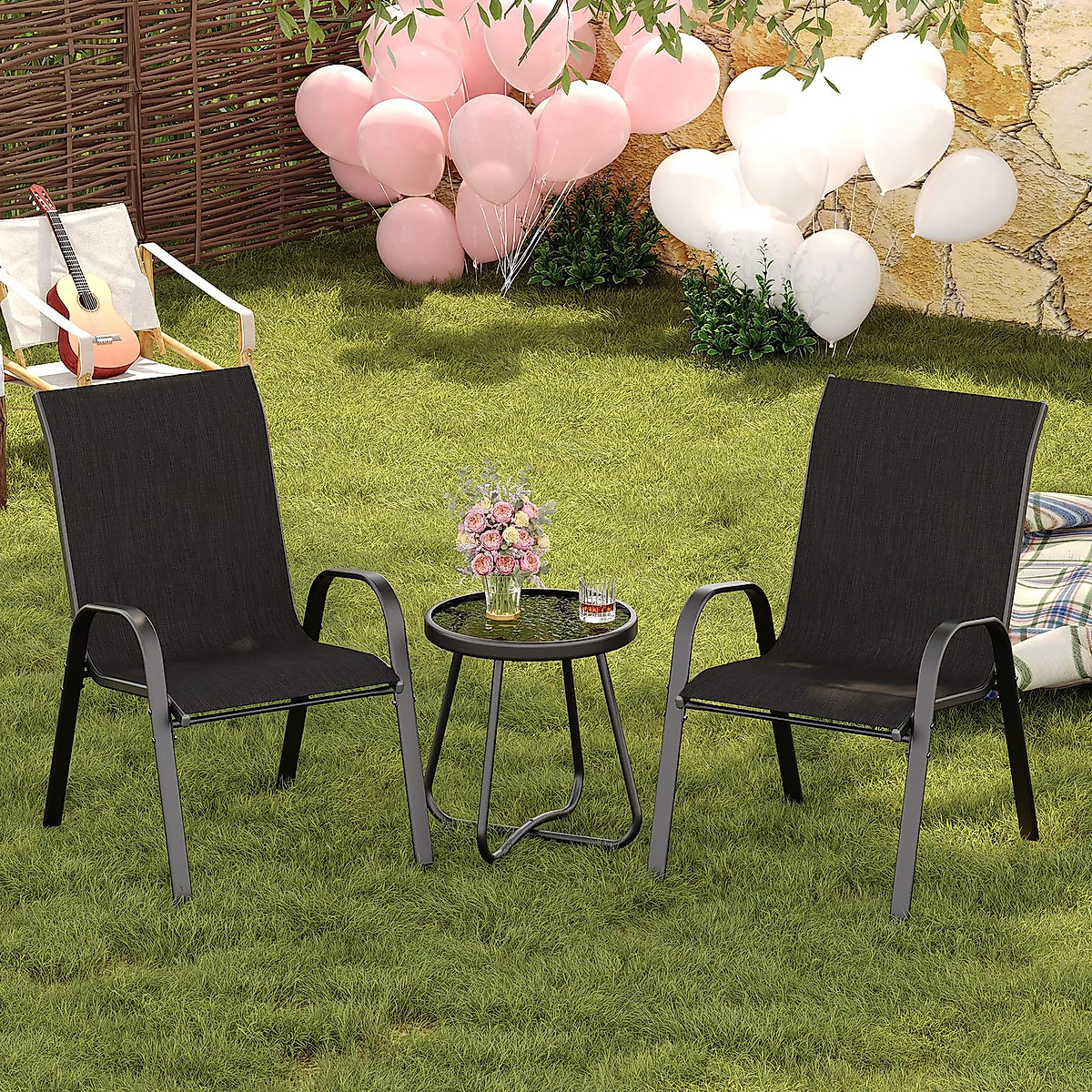 Amopatio 3 Piece Patio Set, Outdoor Stackable Dinging Chairs for All Weather, Breathable Garden Outdoor Furniture for Backyard Deck, Black