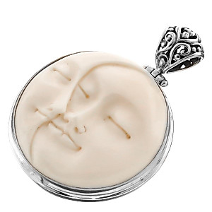 Carved Sun Crescent Moon Moonface Duo Goddess Bison Bone 925 Sterling Silver Pendant, 1 3/4"