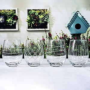 Set of 4 Etched Stemless Wine Glasses - Wine Tumbler Drinking Glass Cups - Kitchen Water Glasses Gift Cup Sets - Lowball Cocktail Glasses for Wedding Anniversary Drink