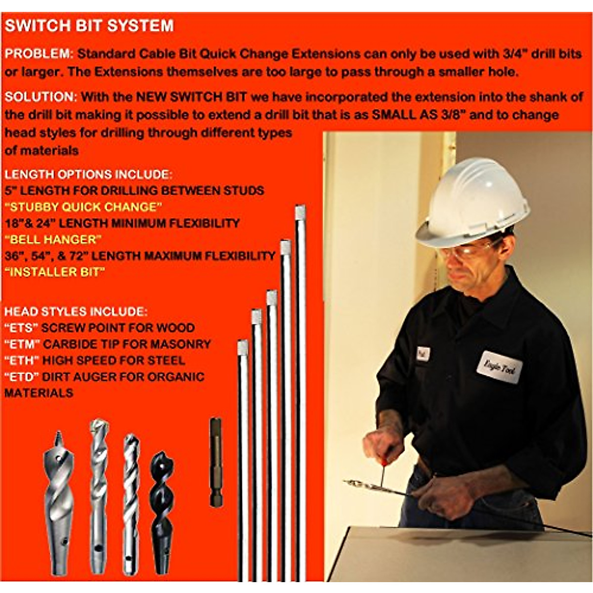 Eagle Tool US ET37536 Installer Drill Bit, Interchangeable Switch Bit, Screw Point, 3/8-Inch by 36-INch, Made in The USA