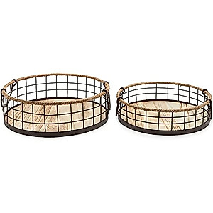 Round Wooden Wire Basket Trays with Handles, Farmhouse Decor (2 Sizes, 2 Pack)