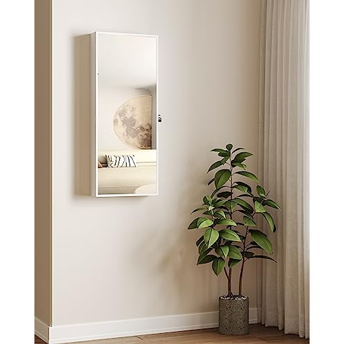 Hzuaneri 8 LEDs Mirror Jewelry Cabinet, 35.4-inch Jewelry Armoire Organizer, Wall/Door Mount Lockable Storage Cabinet with 4 Earrings Shelves, 2 Makeup Pockets, White and Black JC9003B