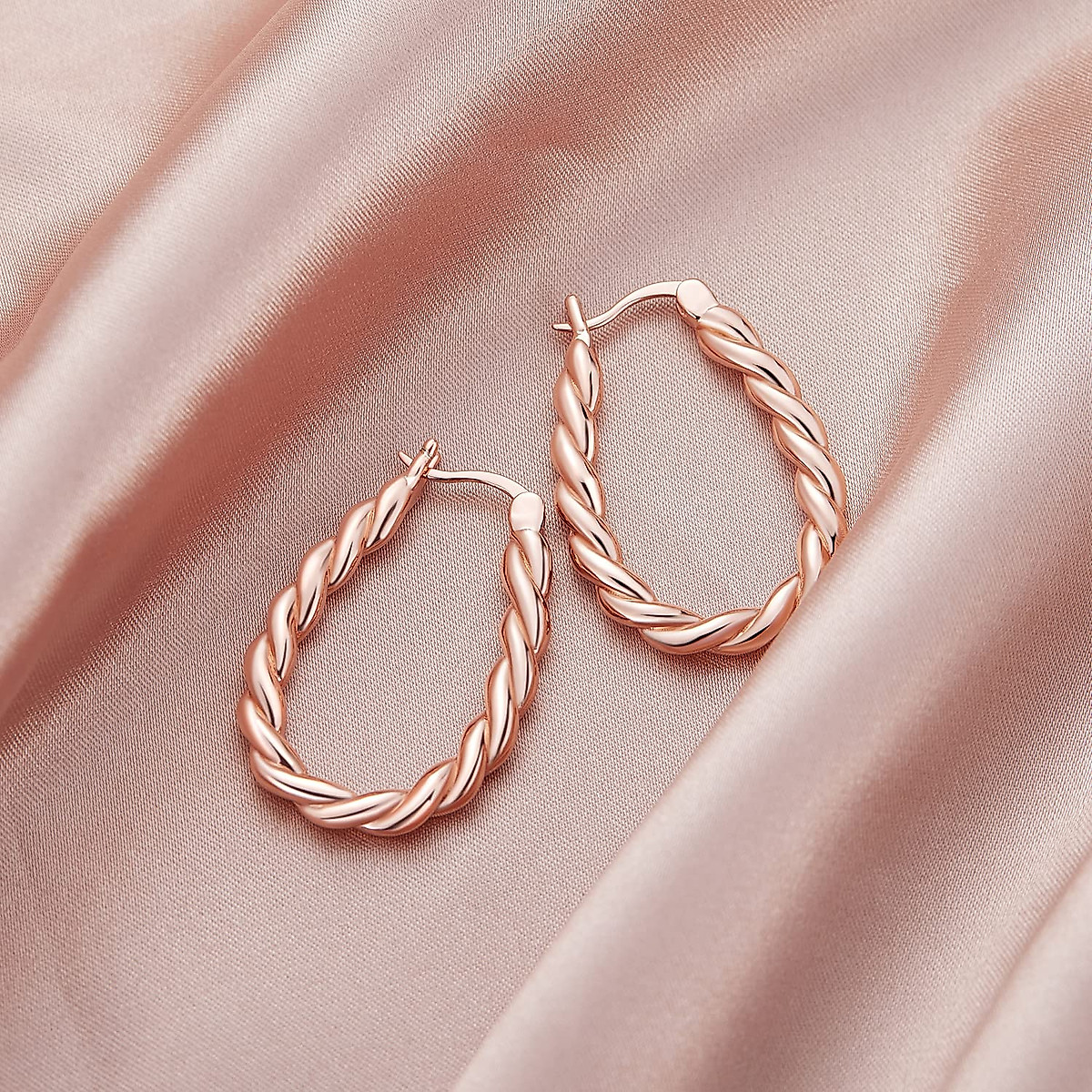 Rose Gold Plated Chucky Hoop Earrings for Women 925 Sterling Silver Post Oval Twist Earrings Hypoallergenic Lightweight Hoop Earrings Jewelry Gifts
