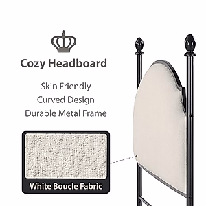 Furniture of America Eleanor Modern Curved Metal Poster Bed King Size with Boucle Fabric Headboard and Panel Style Footboard, Box Spring Required, Gunmetal Black