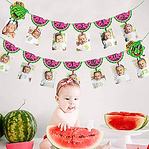 One in a Melon Photo Banner Watermelon 12 Month Photo Prop for First Birthday Party Bunting Decor Summer Fruit Party for Baby Girl