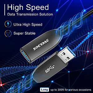 SOEYBAE USB 3.0 Extension Cable 50ft/15m, USB 3.0 Fiber Optical Cable A-Male to A-Female High Speed 5Gbps Data Transfer Extender Cord, Compatible with USB 2.0