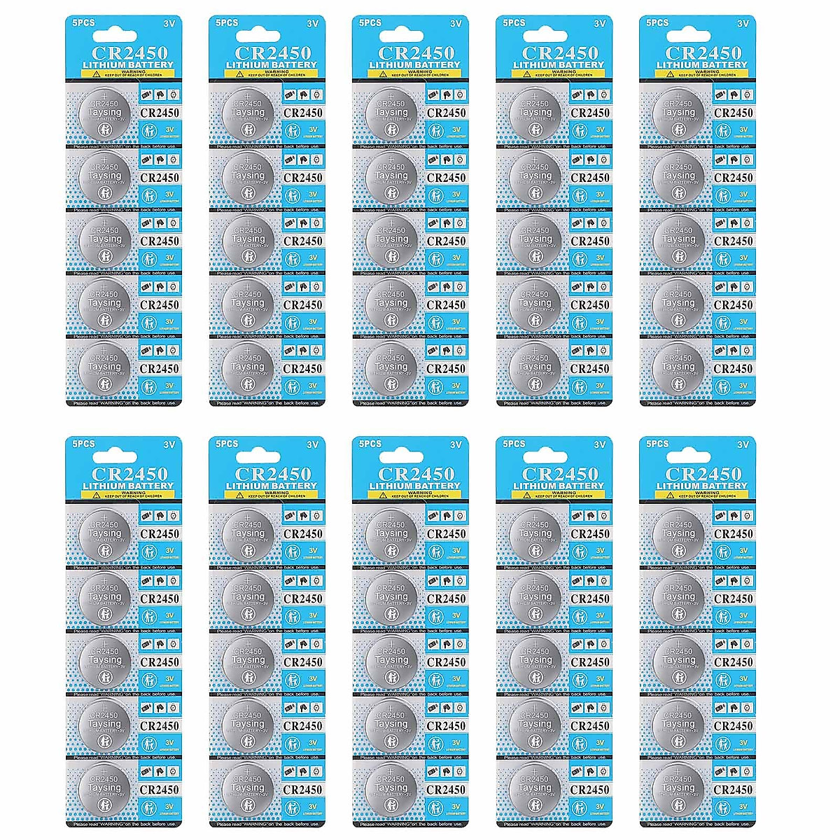 Taysing 50 Pack 3V High Capacity Lithium Button Coin Cell Batteries CR2450 ECR2450 Used in Most Electronic Devices