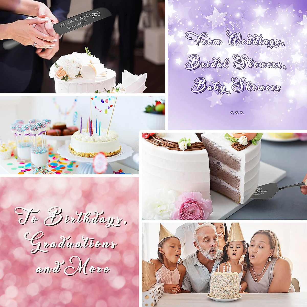 Atdesk Personalized Cake Cutting Set for Wedding, Stainless Steel Cake Knife and Server Set, Cake Cutter and Pie Server for Wedding, Birthday, Anniversary, Graduation Gift (Black)