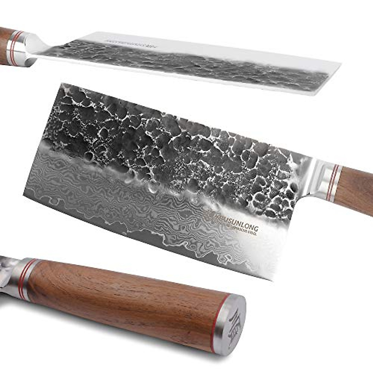 YOUSUNLONG Meat Cleaver 7 inch Vegetable Cleaver Japanese Hammer Damascus Steel - Natural Walnut Wooden Handle with Leather Sheath