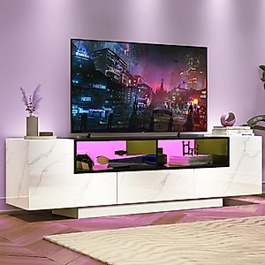 HOMFAMILIA 70in LED TV Stand for 75 Inch TV, Large Gaming Entertainment Center with Storage Cabinets and Open Shelves, Modern TV Console for Living Room, Bedroom(White Marble)