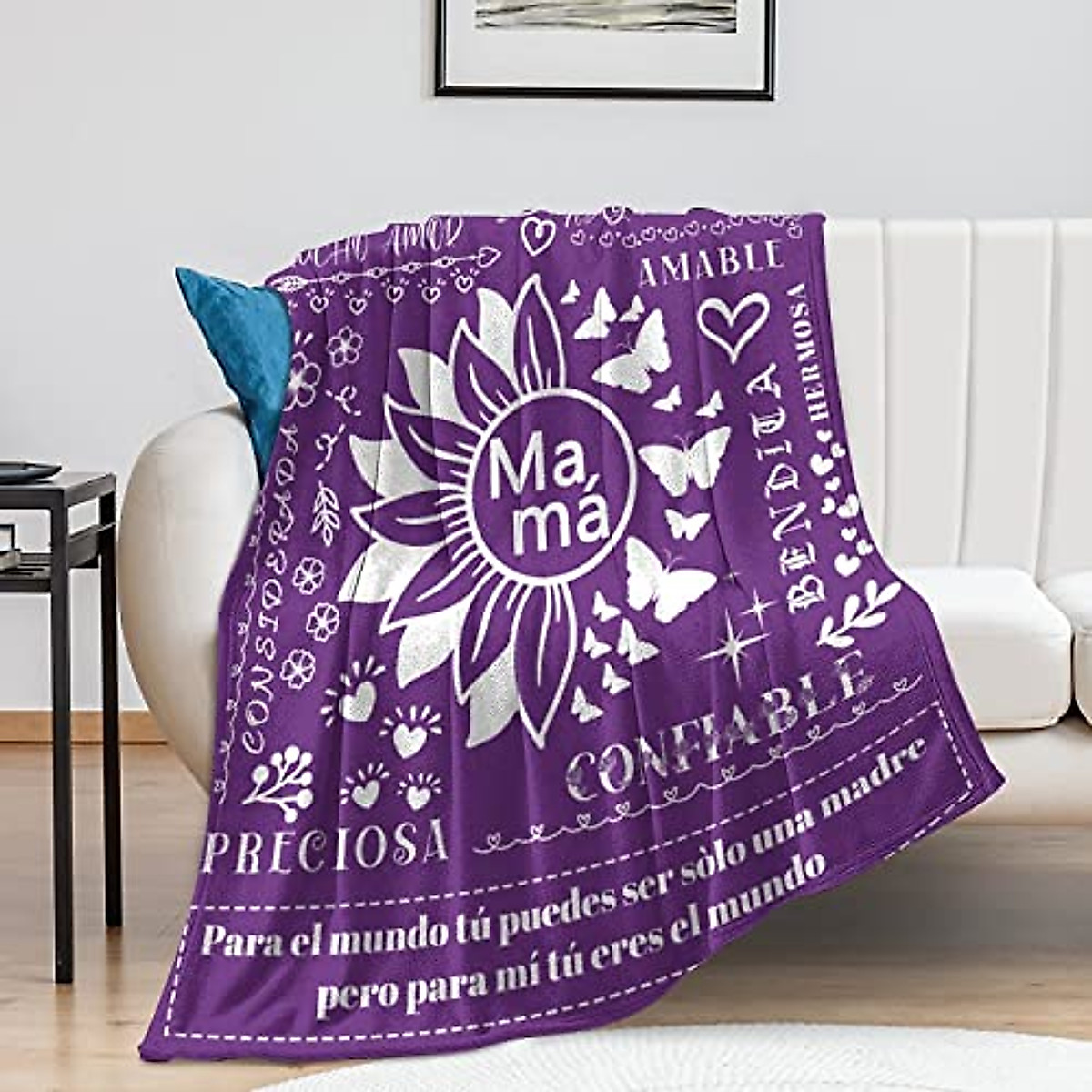 Mercuryelf Spanish Mom Blanket Gift, 40"x50" Flannel Fleece Blanket Throw, Feliz Dia de las Madres Regalos para Mamá en Español with Words of Encouragement,Hispanic Gifts for Mom from Daughter
