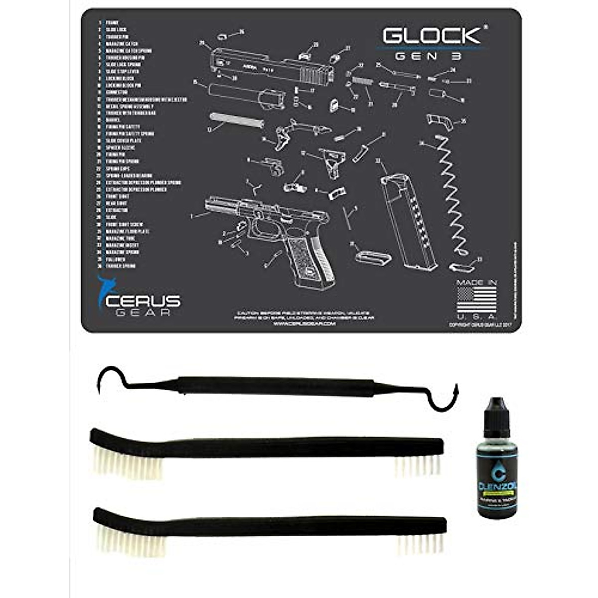 Gen 3 5 PC EDOG Cerus Gear Schematic (Exploded View) Heavy Duty Pistol Cleaning 12x17 Padded Gun-Work Surface Protector Mat Solvent & Oil Resistant & 3 PC Cleaning Essentials & Clenzoil