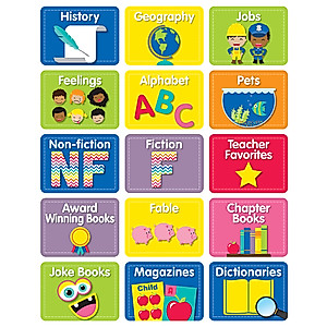 Schoolgirl Style - Just Teach | Library Labels Colorful Cut-Outs, Classroom Décor, 45 Pieces