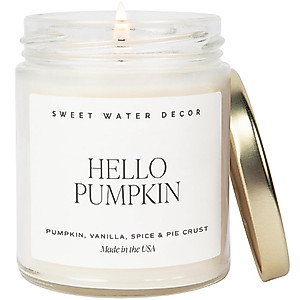 Sweet Water Decor Hello Pumpkin Candle - Fall Soy Candles with Pumpkin, Warm Spices, Vanilla and Buttery Pie Crust - Pumpkin Candles for Home with 40 Hours Burn Time - 9Oz Gold Lid Clear Jar Candle