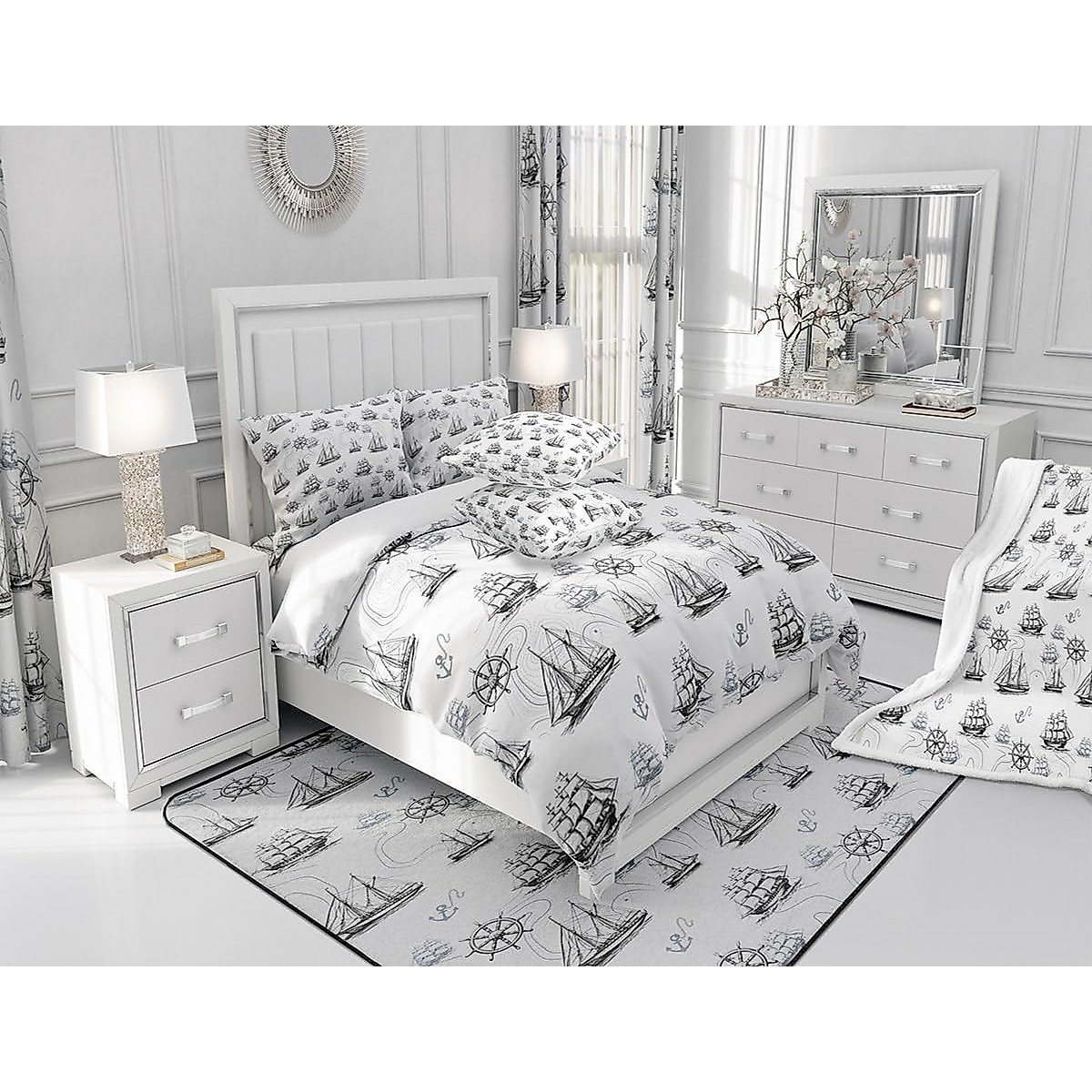 Feelyou Nautical Bedding Set Full Size Boat Print Comforter Cover Set for Kids Teens Adults Ancher Pattern Duvet Cover Ocean Themed Black White Bedspread Cover Room Decor 3Pcs with 2 Pillow Case