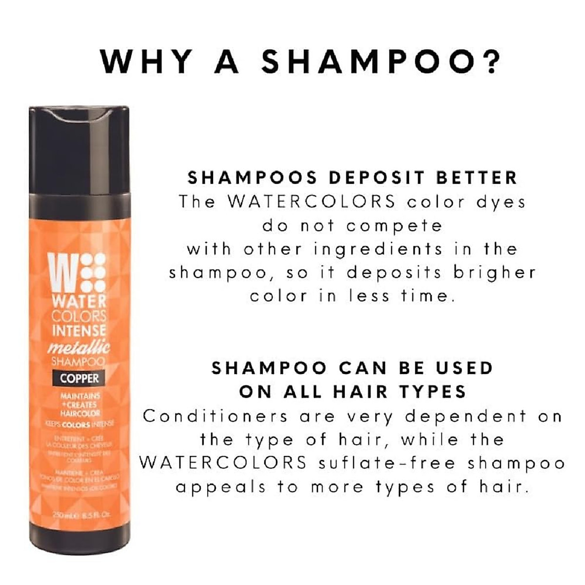 Watercolors INTENSE METALLIC Semi Permanet Color Depositing Shampoo-Sulfate & Paraben Free to Maintain & Enhance Hair Color 8 fl oz - COPPER